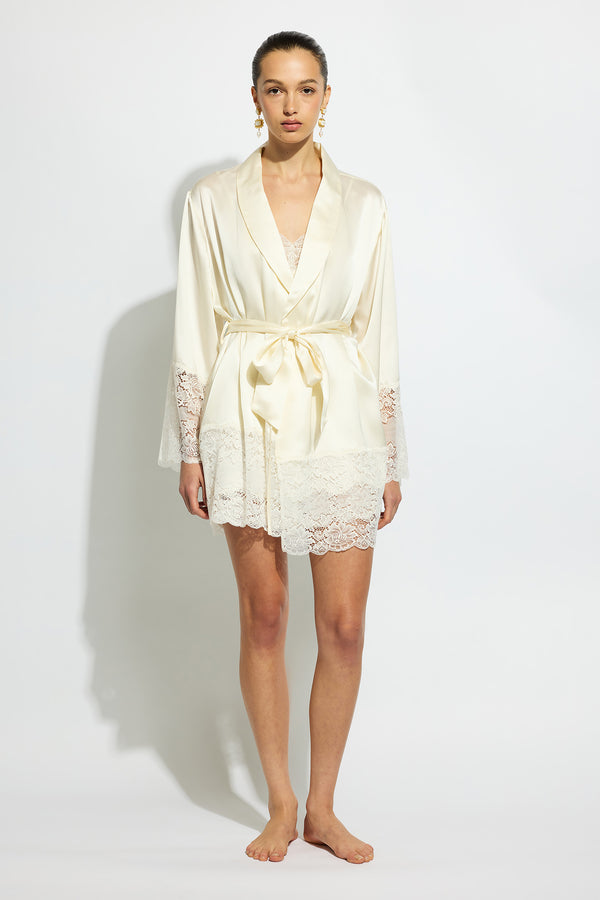 GINIA Lace Silk Robe in Creme - 100% 19mm Silk Grade 6A